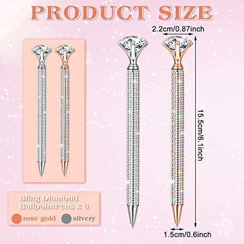 6 Pcs Big Diamond Pens with Crystal Bling Rhinestone Pen Metal Diamond Ballpoint Pens Glitter Wedding Bridal Shower Favors Diamond Black Ink Pens for Birthday Gift Supplies (Silver, Rose Gold)