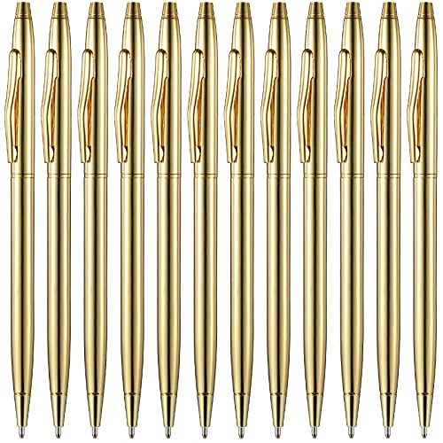 Outus 12 Pieces Gold Metallic Pens Slim Metallic Ballpoint Pens Retractable Ballpoint Pen with Black Ink Metal Pens Mini Conical Ballpoint Pens for Business Students Teachers Wedding, 1.0 mm