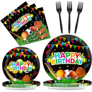 sports party plates napkins sports happy birthday party tableware baseball football soccer basketball rugby disposable paper plates napkins for boy birthday party decoration supplies favors 24 guests