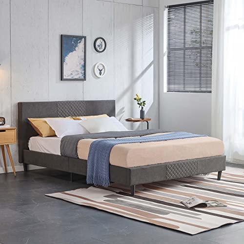 UMATRU King Size Upholstered Platform Bed Frame with Modern Headboard, Wooden Slats Support, No Box Spring Needed for Boys Girls Teens Adults, Under Bed Storage (Grey, King)