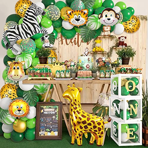 Amandir Wild One Birthday Decorations Balloon Boxes, Animal Print Green Gold Balloon Garland Arch Kit Number1 Artificial Leaves for Safari Jungle Theme First 1st Birthday Party Supplies Kids Boy Girl