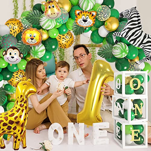 Amandir Wild One Birthday Decorations Balloon Boxes, Animal Print Green Gold Balloon Garland Arch Kit Number1 Artificial Leaves for Safari Jungle Theme First 1st Birthday Party Supplies Kids Boy Girl