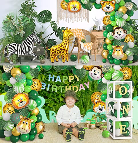 Amandir Wild One Birthday Decorations Balloon Boxes, Animal Print Green Gold Balloon Garland Arch Kit Number1 Artificial Leaves for Safari Jungle Theme First 1st Birthday Party Supplies Kids Boy Girl