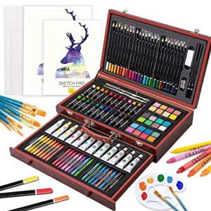 art supplies, 129-piece deluxe wooden art set crafts kit with 2 sketch pads, canvas boards, oil pastels, colored pencils, watercolor cakes, creative gift for kids, teens, beginners girls boys