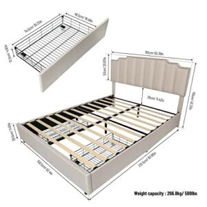 Queen Size Upholstered Platform Bed Frame with 2 Storage Drawers & Adjustable Rivets Headboard, Linen Bed Frame with Extra Dome Bed Canopy for Boys Girls Teens Adults, No Box Spring Needed (Beige)