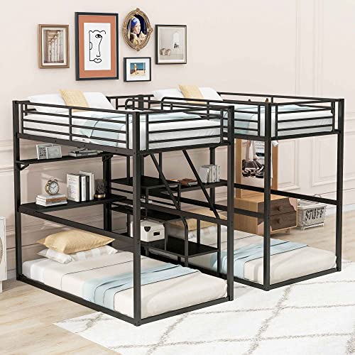 ATY Twin Over Twin Bunk Bed with 2 Desks and Shelves, 4-in-1 Metal Bedframe w/ 3 Storage Staircase & Safety Guardrail, Maximum Space Design, for Kids Bedroom, Dorm, Guestroom, Black