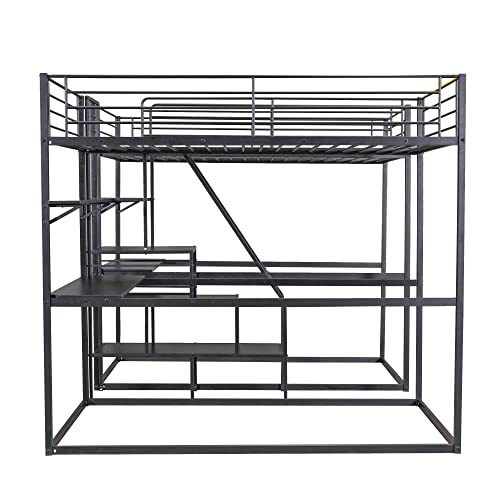 ATY Twin Over Twin Bunk Bed with 2 Desks and Shelves, 4-in-1 Metal Bedframe w/ 3 Storage Staircase & Safety Guardrail, Maximum Space Design, for Kids Bedroom, Dorm, Guestroom, Black