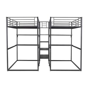 ATY Twin Over Twin Bunk Bed with 2 Desks and Shelves, 4-in-1 Metal Bedframe w/ 3 Storage Staircase & Safety Guardrail, Maximum Space Design, for Kids Bedroom, Dorm, Guestroom, Black