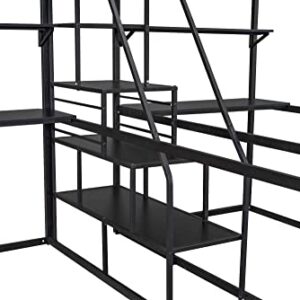 ATY Twin Over Twin Bunk Bed with 2 Desks and Shelves, 4-in-1 Metal Bedframe w/ 3 Storage Staircase & Safety Guardrail, Maximum Space Design, for Kids Bedroom, Dorm, Guestroom, Black