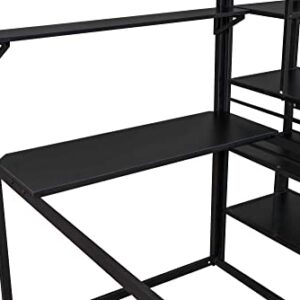 ATY Twin Over Twin Bunk Bed with 2 Desks and Shelves, 4-in-1 Metal Bedframe w/ 3 Storage Staircase & Safety Guardrail, Maximum Space Design, for Kids Bedroom, Dorm, Guestroom, Black