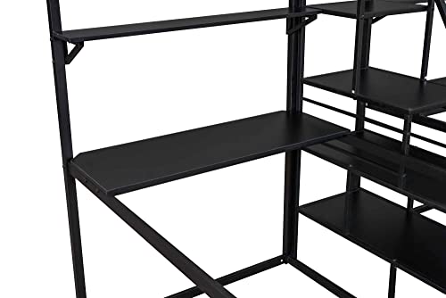 ATY Twin Over Twin Bunk Bed with 2 Desks and Shelves, 4-in-1 Metal Bedframe w/ 3 Storage Staircase & Safety Guardrail, Maximum Space Design, for Kids Bedroom, Dorm, Guestroom, Black