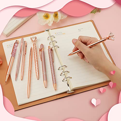 Rose Gold Ballpoint Pen Set, 8pcs Rose Gold Pens with Crystal Diamond Metal Diamond Pen Liquid Sand Glitter Pen for Office School Women Wedding Decor Gifts