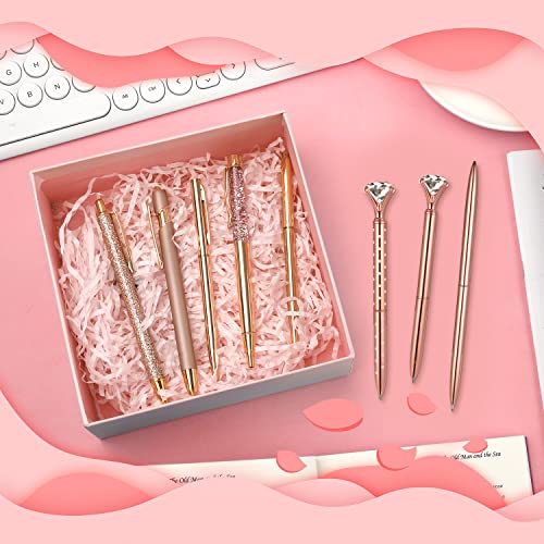 Rose Gold Ballpoint Pen Set, 8pcs Rose Gold Pens with Crystal Diamond Metal Diamond Pen Liquid Sand Glitter Pen for Office School Women Wedding Decor Gifts