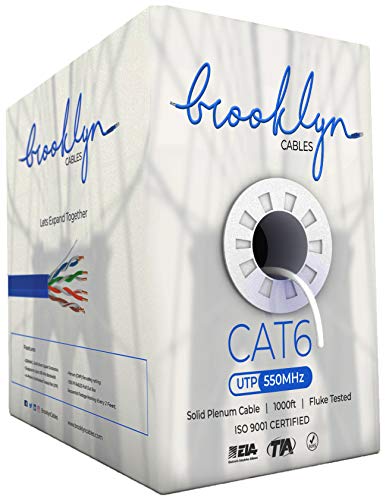 Brooklyn Cables 100% Solid Copper |Cat6 Plenum (CMP) 1000ft |Fluke-Certified |550MHz, 23AWG 4Pair, Unshielded Twisted Pair (UTP), Bulk Ethernet Cable (White)