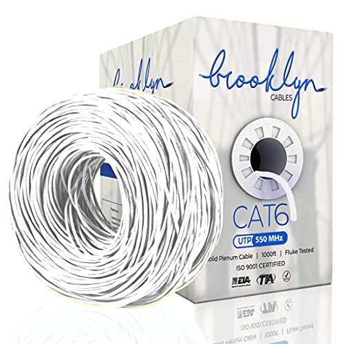 Brooklyn Cables 100% Solid Copper |Cat6 Plenum (CMP) 1000ft |Fluke-Certified |550MHz, 23AWG 4Pair, Unshielded Twisted Pair (UTP), Bulk Ethernet Cable (White)