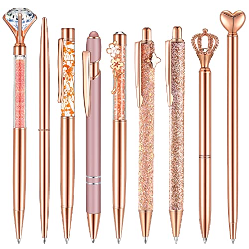 9 Pcs Ballpoint Pens Set Metal Crystal Diamond Pen Liquid Sand Glitter Pen for Journaling Black Ink Pretty Cute Pens Fancy Pens Gifts for Women Girls School Wedding Office Desk Supplies (Rose Gold)