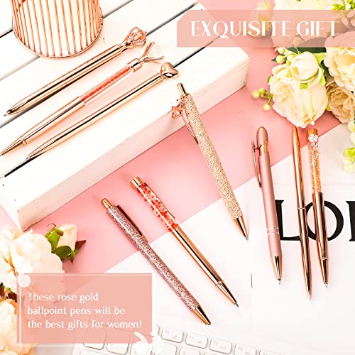 9 Pcs Ballpoint Pens Set Metal Crystal Diamond Pen Liquid Sand Glitter Pen for Journaling Black Ink Pretty Cute Pens Fancy Pens Gifts for Women Girls School Wedding Office Desk Supplies (Rose Gold)