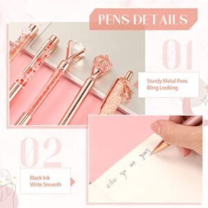 9 Pcs Ballpoint Pens Set Metal Crystal Diamond Pen Liquid Sand Glitter Pen for Journaling Black Ink Pretty Cute Pens Fancy Pens Gifts for Women Girls School Wedding Office Desk Supplies (Rose Gold)