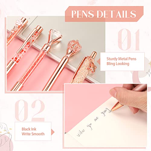 9 Pcs Ballpoint Pens Set Metal Crystal Diamond Pen Liquid Sand Glitter Pen for Journaling Black Ink Pretty Cute Pens Fancy Pens Gifts for Women Girls School Wedding Office Desk Supplies (Rose Gold)