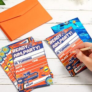 30 packs Dart War Invitations Birthday Party Supplies Blaster Nerf Gun Battle Theme Party Invitations with 30 Orange Envelopes for Boy Kids Dart War Nerf Party Decorations Supplies Favor