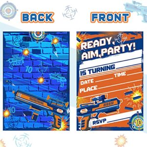 30 packs Dart War Invitations Birthday Party Supplies Blaster Nerf Gun Battle Theme Party Invitations with 30 Orange Envelopes for Boy Kids Dart War Nerf Party Decorations Supplies Favor