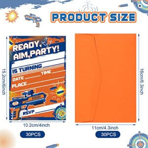 30 packs Dart War Invitations Birthday Party Supplies Blaster Nerf Gun Battle Theme Party Invitations with 30 Orange Envelopes for Boy Kids Dart War Nerf Party Decorations Supplies Favor