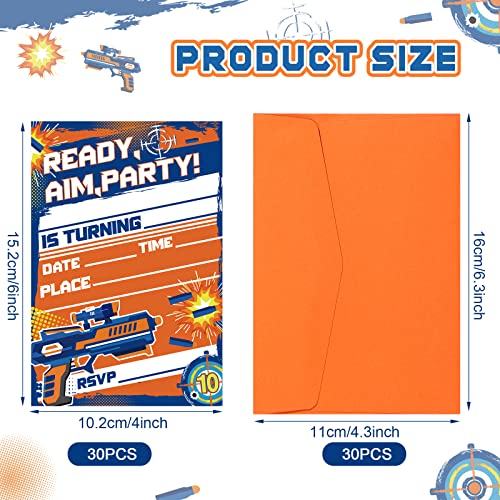 30 packs Dart War Invitations Birthday Party Supplies Blaster Nerf Gun Battle Theme Party Invitations with 30 Orange Envelopes for Boy Kids Dart War Nerf Party Decorations Supplies Favor