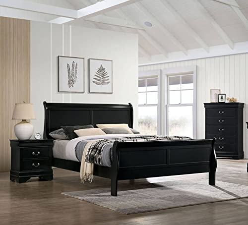 Epinki Full Size Bed Black Wood 1Pc Bed Bedroom Sleigh Bed, Bed Frame, Easy Assembly