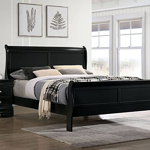 Epinki Full Size Bed Black Wood 1Pc Bed Bedroom Sleigh Bed, Bed Frame, Easy Assembly