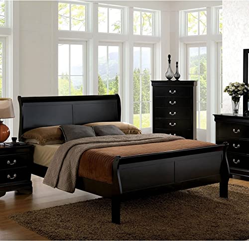 Epinki Full Size Bed Black Wood 1Pc Bed Bedroom Sleigh Bed, Bed Frame, Easy Assembly