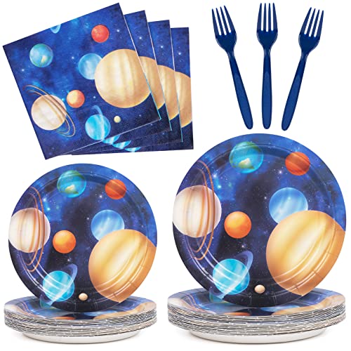 DECORLIFE Space Themed Party Supplies Serves 24, Space Party Plates, Napkins, Forks for Boys Birthday, Outer Space/Planet/Solar System Parties, 96 PCS