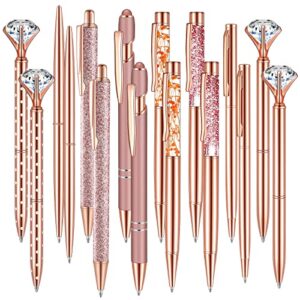 16 pcs rose gold ballpoint pen set include diamond pen metal stylus pen liquid sand pen flower pen glitter retractable pen black ink slim ballpoint pen for wedding party office school home supplies