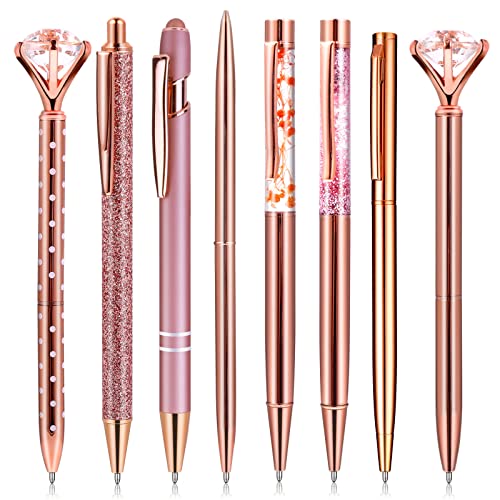 TIESOME 8pcs Rose Gold Ballpoint Pen Set, 1.0mm Liquid Sand Glitter Metal Crystal Diamond Pen Black Ink Smooth Writing Pens Gifts for School Office Desk Supplies