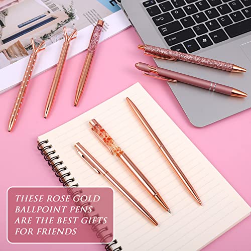 TIESOME 8pcs Rose Gold Ballpoint Pen Set, 1.0mm Liquid Sand Glitter Metal Crystal Diamond Pen Black Ink Smooth Writing Pens Gifts for School Office Desk Supplies