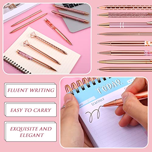 TIESOME 8pcs Rose Gold Ballpoint Pen Set, 1.0mm Liquid Sand Glitter Metal Crystal Diamond Pen Black Ink Smooth Writing Pens Gifts for School Office Desk Supplies