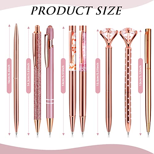 TIESOME 8pcs Rose Gold Ballpoint Pen Set, 1.0mm Liquid Sand Glitter Metal Crystal Diamond Pen Black Ink Smooth Writing Pens Gifts for School Office Desk Supplies