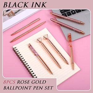 TIESOME 8pcs Rose Gold Ballpoint Pen Set, 1.0mm Liquid Sand Glitter Metal Crystal Diamond Pen Black Ink Smooth Writing Pens Gifts for School Office Desk Supplies