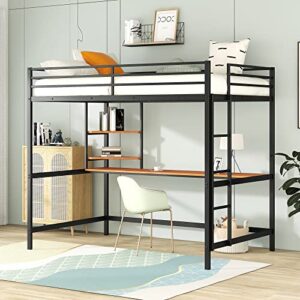 voohek metal multifunctional loft bed full-size, bedframe with desk and guardrail, shelve and ladder, for kids, adults, bedroom, no box spring, black