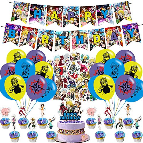 Seven Deadly Sins Birthday Party Decorations,Anime Manga Themed Party Supplies set for Boys Girls with Happy Birthday Banner,Cake Topper,Cupcake Toppers,Balloons,Stickers