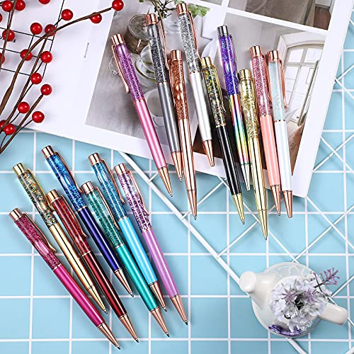 16 Pieces Ballpoint Pens Flower Dynamic Crystal Pens Black Ink Ballpoint Pens Flower Liquid Sand Pen for Birthday, Back to School Seasons, Wedding, Home School Office Supplies (Liquid Style)