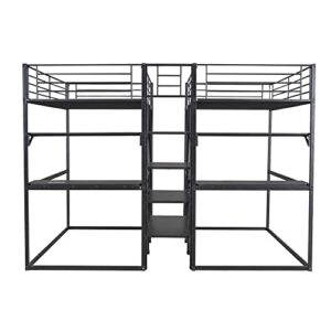 Multi-Function 4-in-1 Design Quad Bunk Bed with Storage Staircase, Double Twin Over Twin Metal Bunk Bed with Desk and Shelves, Heavy Duty Metal Bunk Bed Frame for Kids Teens, Maximize Space (Black-4)