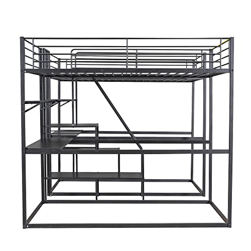 Multi-Function 4-in-1 Design Quad Bunk Bed with Storage Staircase, Double Twin Over Twin Metal Bunk Bed with Desk and Shelves, Heavy Duty Metal Bunk Bed Frame for Kids Teens, Maximize Space (Black-4)