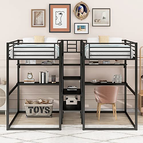 Multi-Function 4-in-1 Design Quad Bunk Bed with Storage Staircase, Double Twin Over Twin Metal Bunk Bed with Desk and Shelves, Heavy Duty Metal Bunk Bed Frame for Kids Teens, Maximize Space (Black-4)