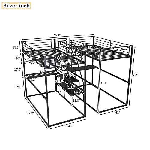 Multi-Function 4-in-1 Design Quad Bunk Bed with Storage Staircase, Double Twin Over Twin Metal Bunk Bed with Desk and Shelves, Heavy Duty Metal Bunk Bed Frame for Kids Teens, Maximize Space (Black-4)