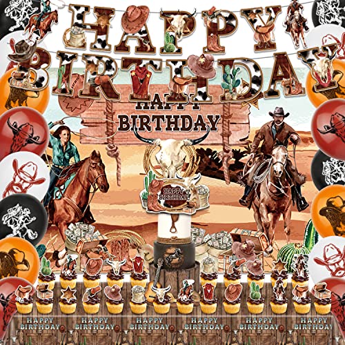 Cowboy Theme Birthday Party Supplies Party Decorations Kits Set with Latex Balloons Banner Cake Topper Backdrop Tablecloth for Western Cowboy Fans Party Decor