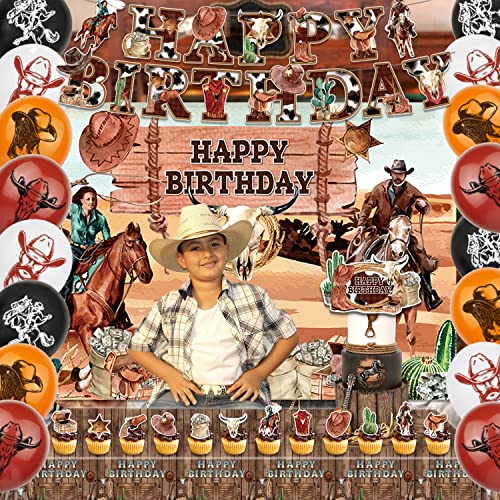 Cowboy Theme Birthday Party Supplies Party Decorations Kits Set with Latex Balloons Banner Cake Topper Backdrop Tablecloth for Western Cowboy Fans Party Decor