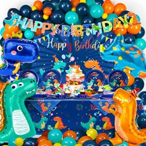 hjingy 265 pcs dinosaur party decorations, blue dinosaur birthday party supplies for boys include dinosaur balloons, customized backdrop, happy birthday banner, tablecloth, plates, cake toppers