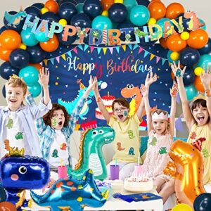 HJINGY 265 PCS Dinosaur Party Decorations, Blue Dinosaur Birthday Party Supplies for Boys Include Dinosaur Balloons, Customized Backdrop, Happy Birthday Banner, Tablecloth, Plates, Cake Toppers