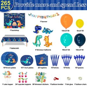 HJINGY 265 PCS Dinosaur Party Decorations, Blue Dinosaur Birthday Party Supplies for Boys Include Dinosaur Balloons, Customized Backdrop, Happy Birthday Banner, Tablecloth, Plates, Cake Toppers