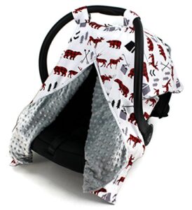 dear baby gear car seat canopy, woodland adventure bear moose plaid, minky grey